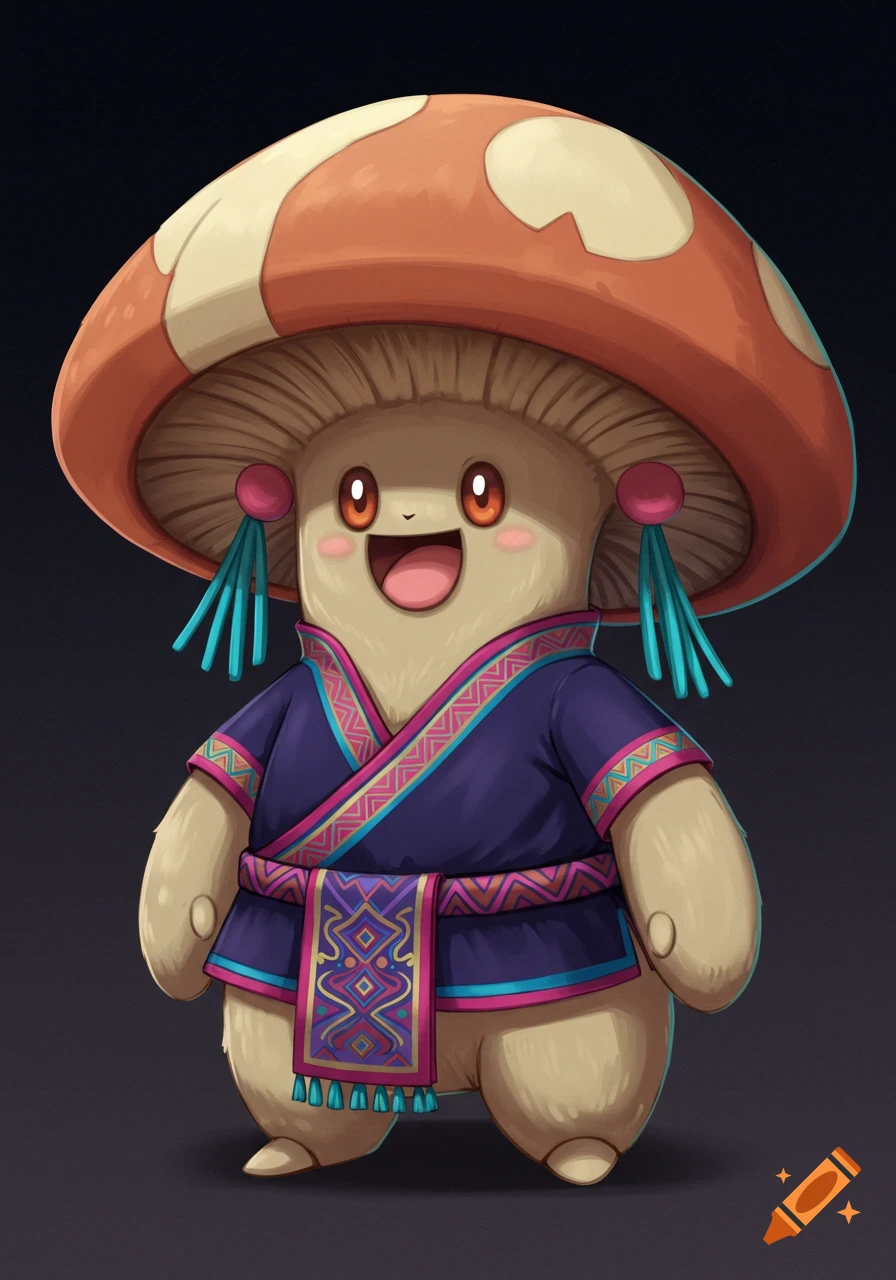 Cute cartoon mushroom character wearing traditional Hmong clothing. on ...