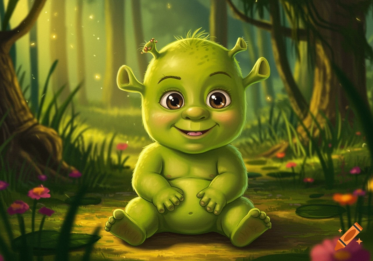 A cute baby Shrek sits in a forest with fireflies on Craiyon