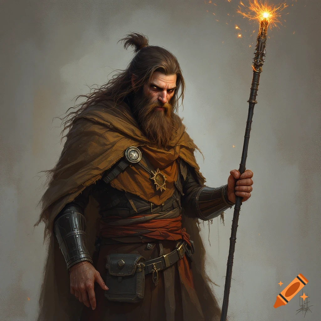 A portrait of a rugged, bearded man in fantasy clothing, holding a ...