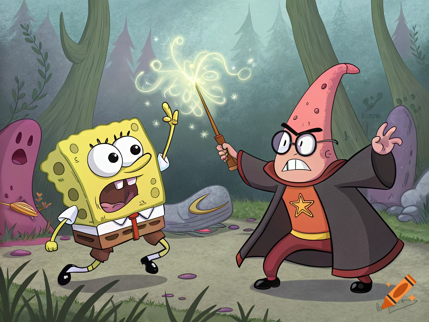 Spongebob and Patrick Star as wizards duel with wands in a forest. on ...