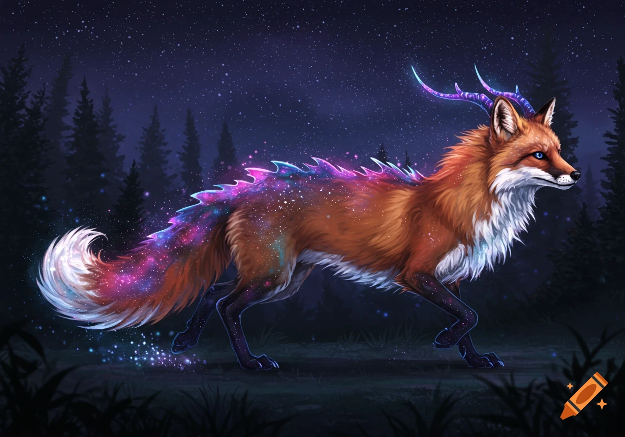 A fantasy fox-dragon hybrid with galaxy patterns running in a forest under a starry sky, digital ...