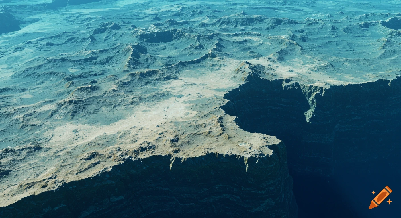 Aerial view of rugged, grey and blue landscape dropping off a cliff ...