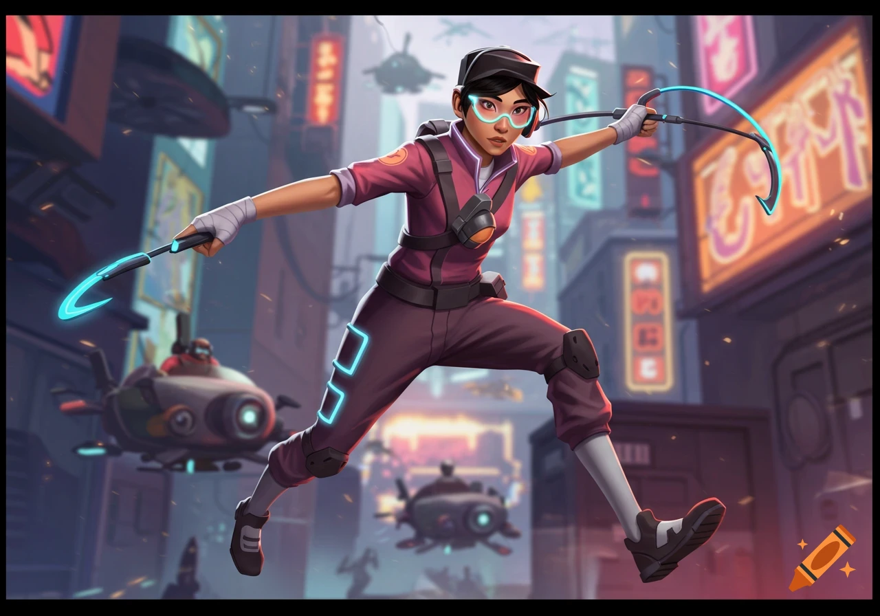 Team Fortress 2 style character jumps in a cyberpunk city street ...