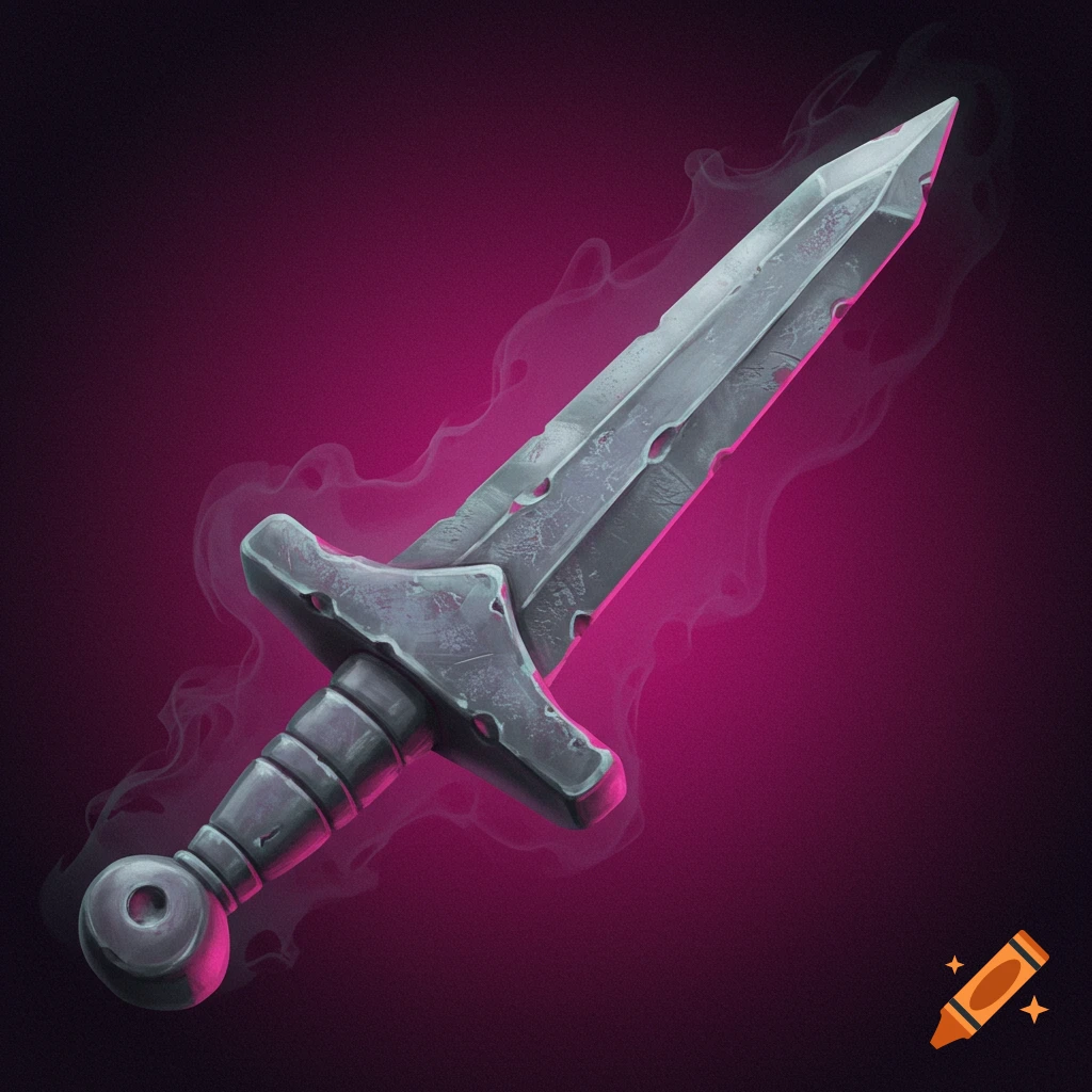 Illustration of a detailed fantasy sword against a vibrant pink and ...