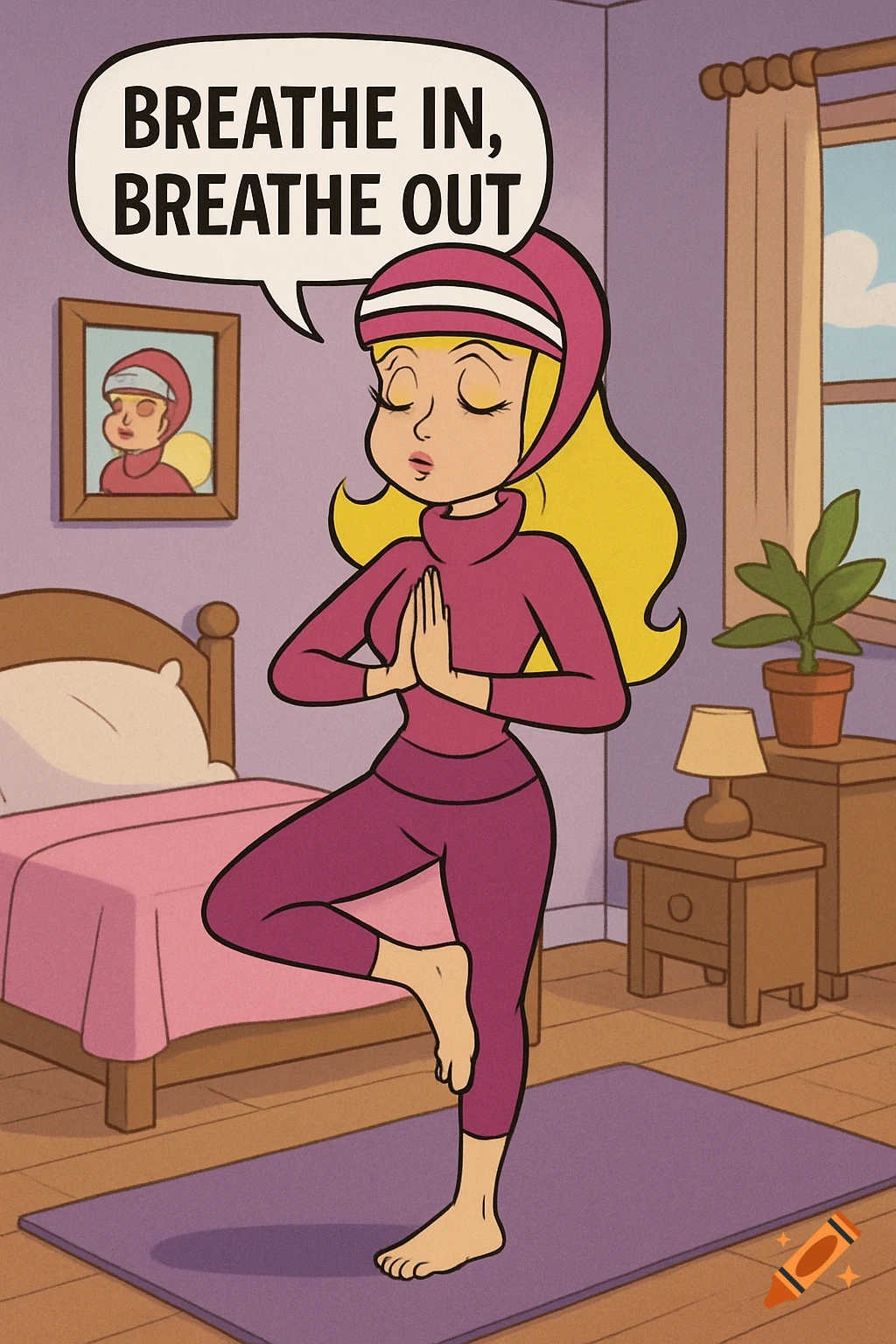 Cartoon character Penelope Pitstop does the tree pose in a room, with a ...