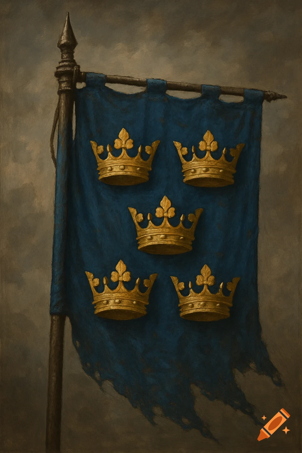A weathered medieval blue banner with five gold crowns on a pole on Craiyon