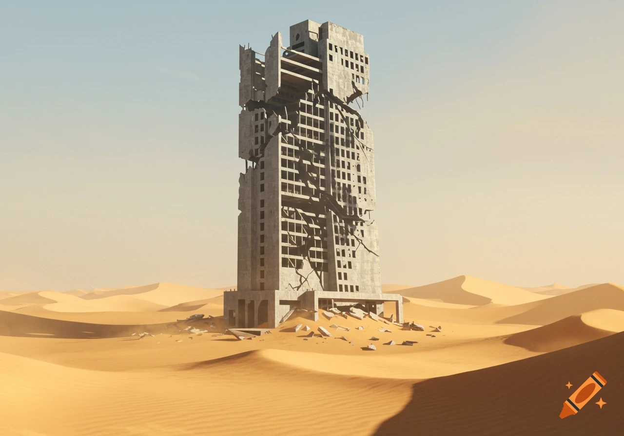 A destroyed skyscraper stands in a vast desert under a pale sky. on Craiyon