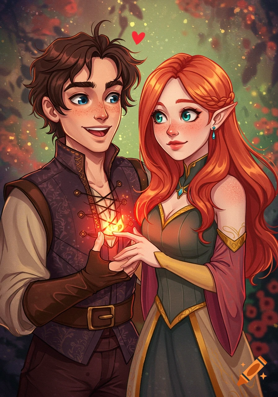 An illustration of a fantasy couple, a man and an elf woman, holding ...