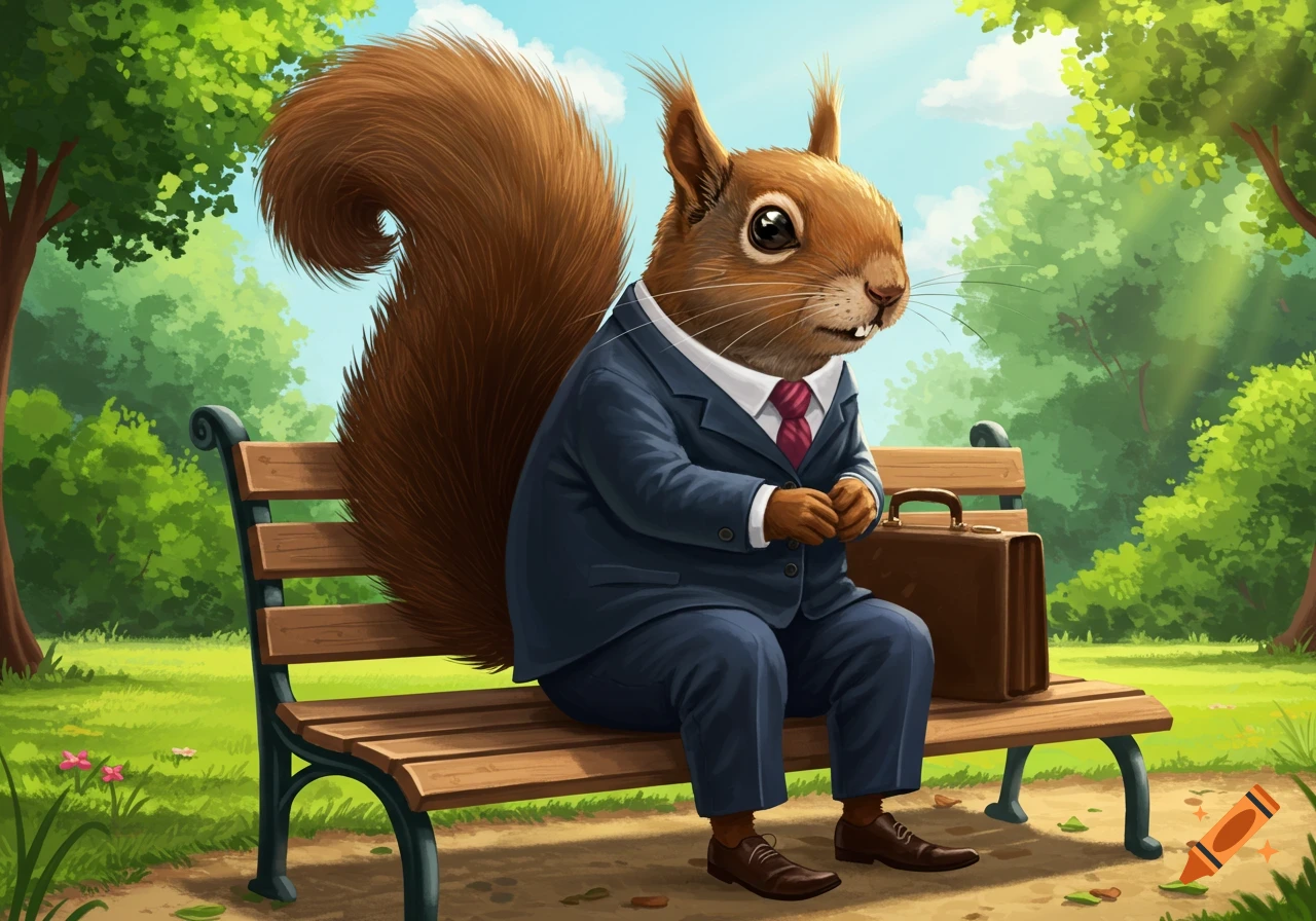 An anthropomorphic squirrel in a blue business suit sits on a park ...