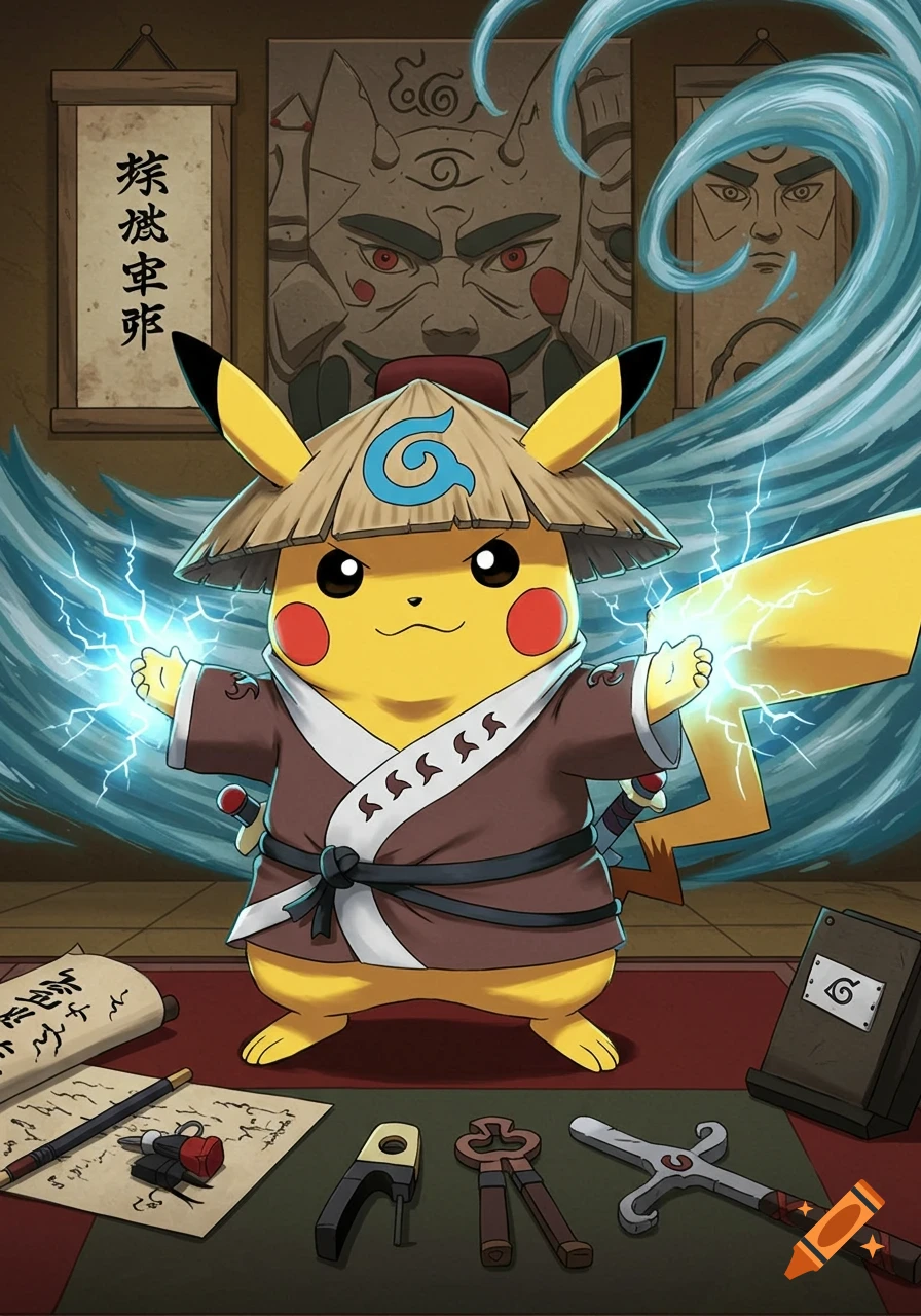 Pikachu dressed as a ninja with a straw hat and robe, generating ...