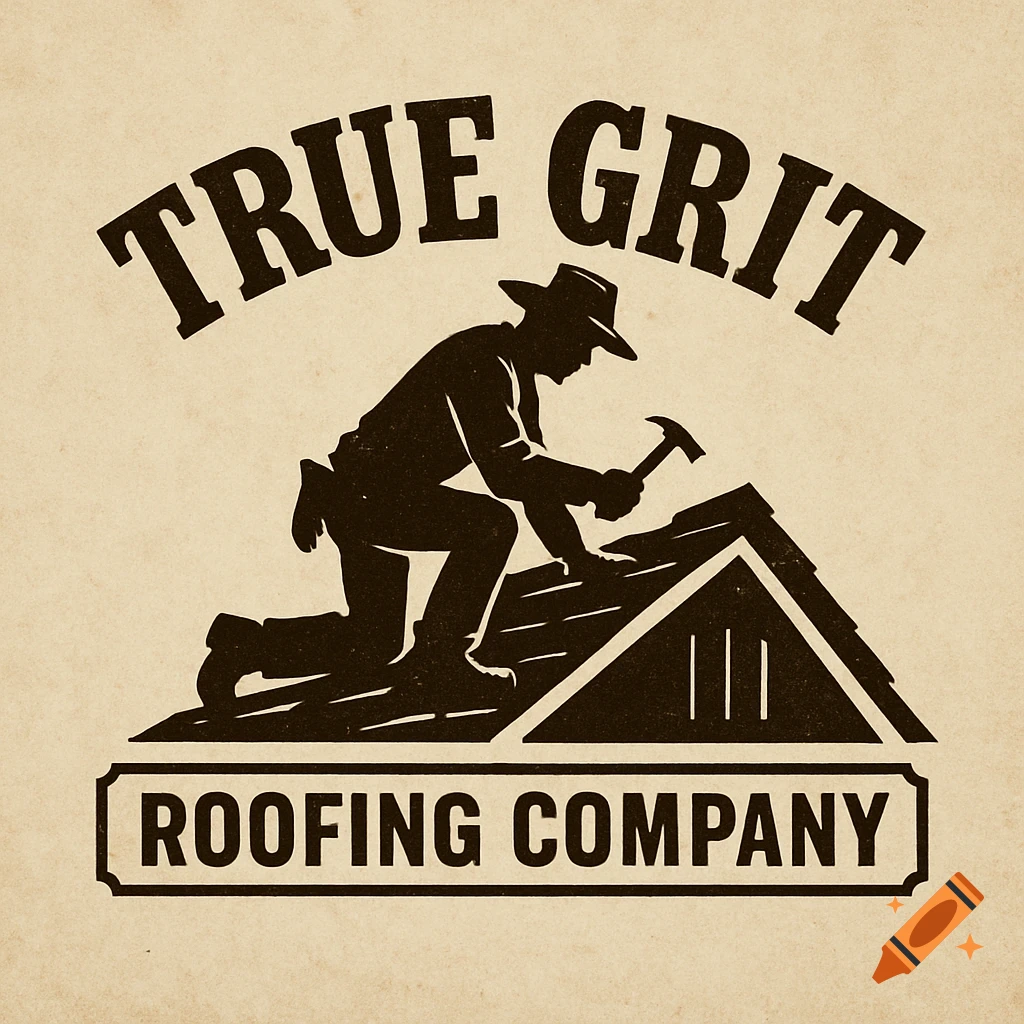 Logo of a roofer working on a roof with text 'True Grit Roofing Company ...