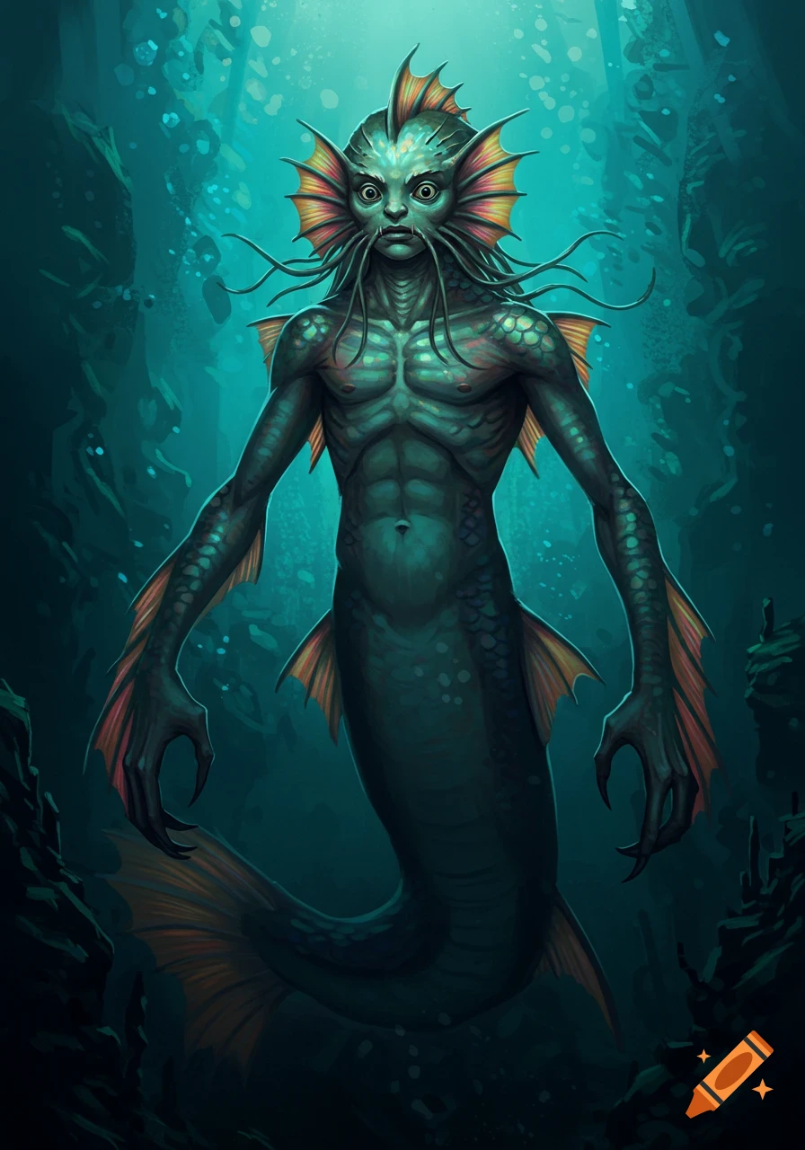 Detailed illustration of a humanoid fish monster underwater. on Craiyon