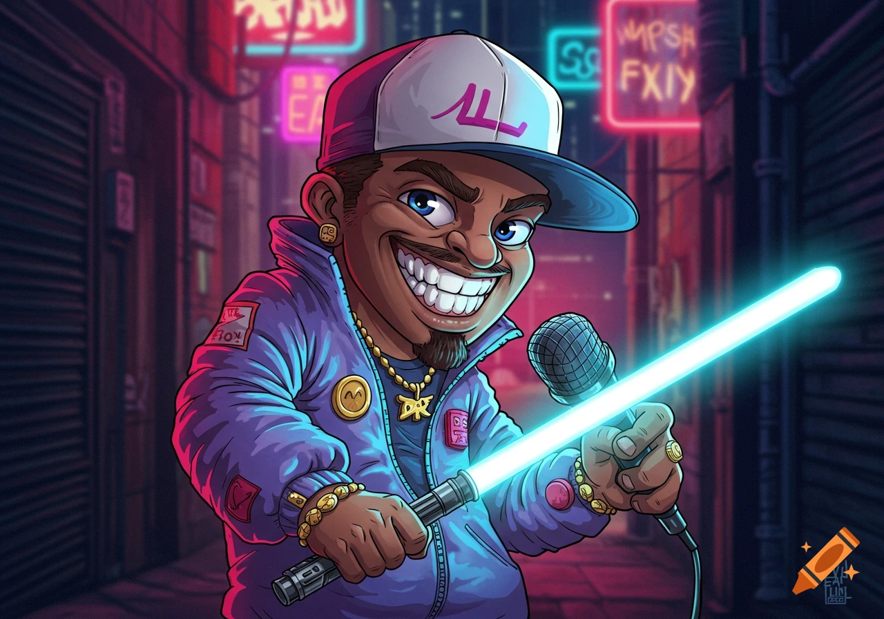 Cartoon rapper holding a microphone and a lightsaber in a neon ...