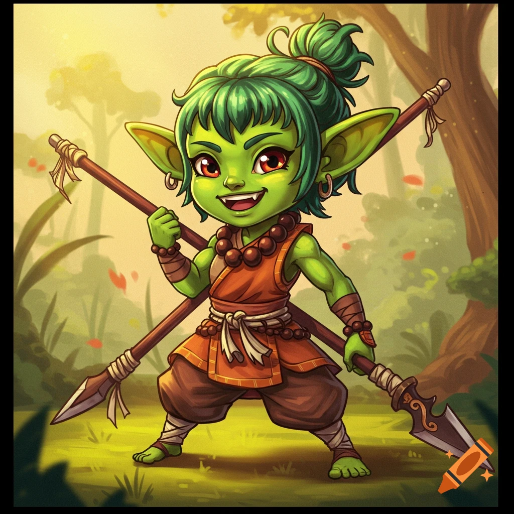 Cute cartoon green goblin monk with two spears in a forest. on Craiyon