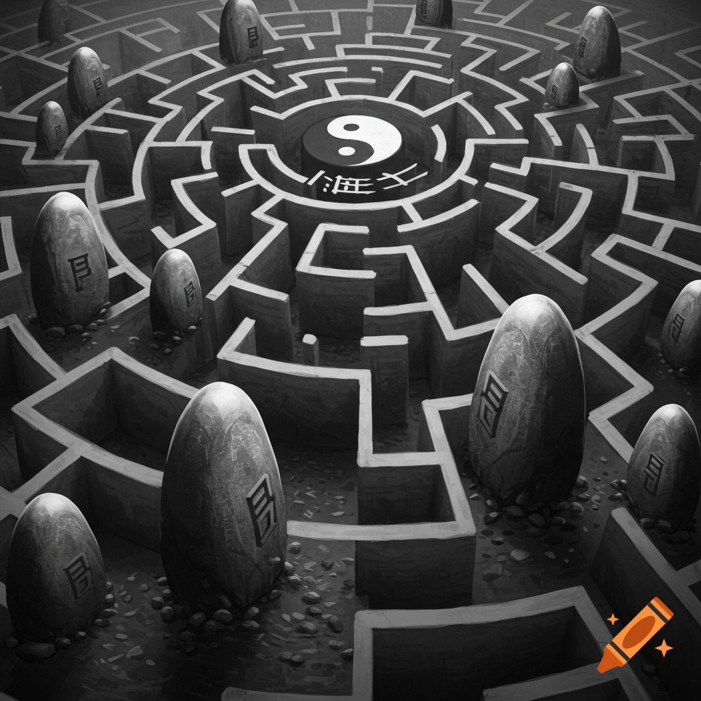 Black and white illustration of a maze with large stones carved with ...