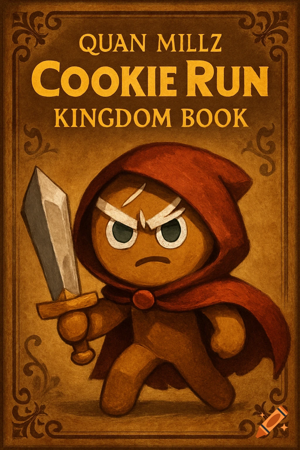 A stylized gingerbread cookie character in a red hooded cape holding a ...