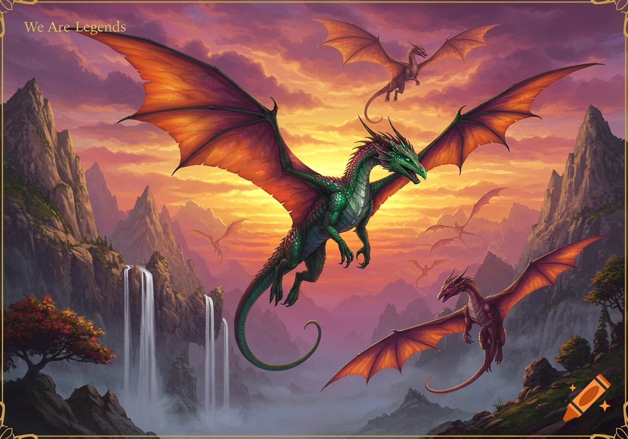 Illustrated fantasy scene of dragons flying over mountains and waterfalls at sunset, with the ...