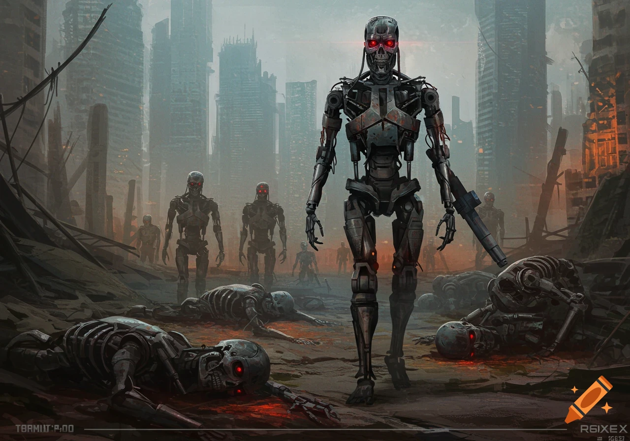 Terminators walk through a ruined city landscape filled with destroyed ...