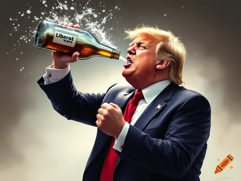Caricature of Donald Trump drinking from a bottle labeled 'Liberal ...