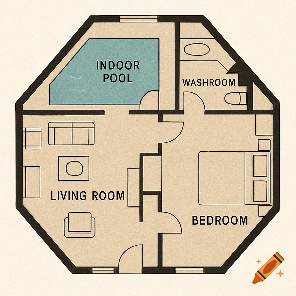 A hexagonal floor plan showing an indoor pool, washroom, living room, and bedroom. on Craiyon
