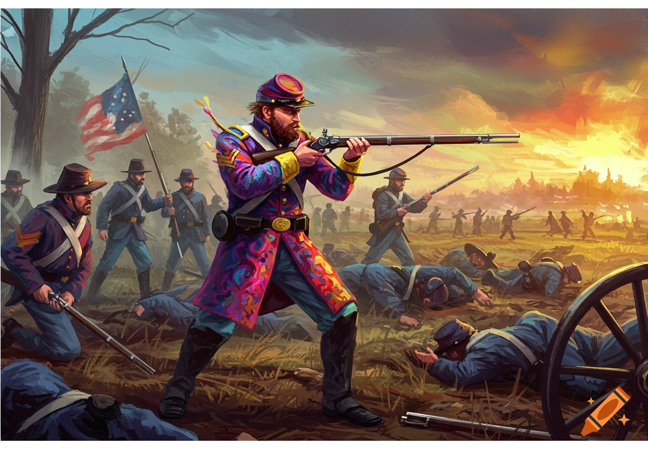 A Union soldier in a colorful coat fires a rifle during a Civil War ...