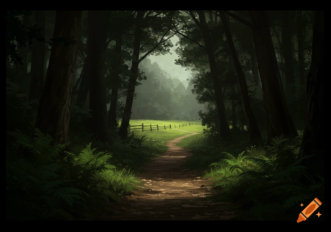 Path through dark forest opening to a bright field with a fence on Craiyon