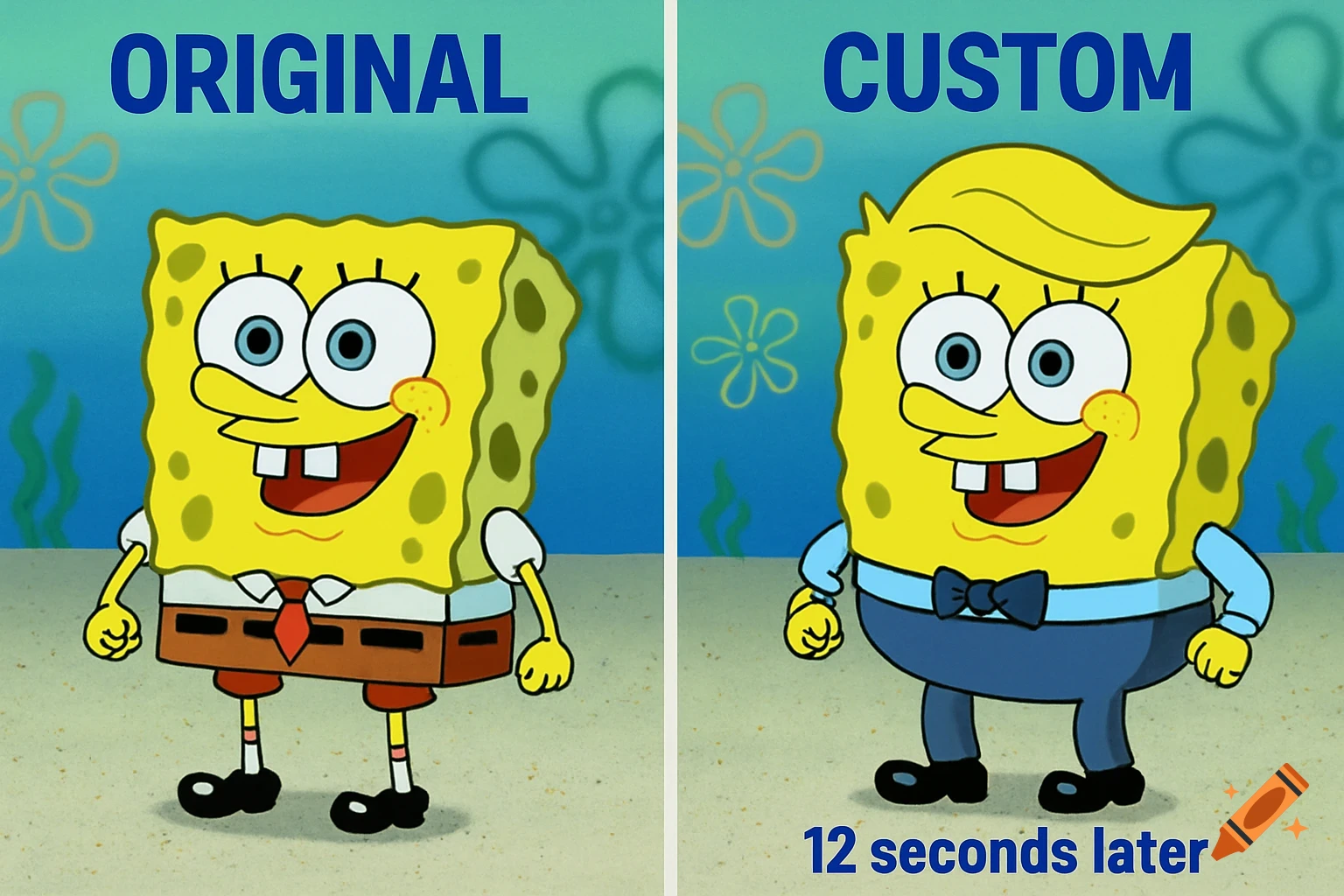 Two panels comparing Spongebob. Left panel shows original Spongebob ...