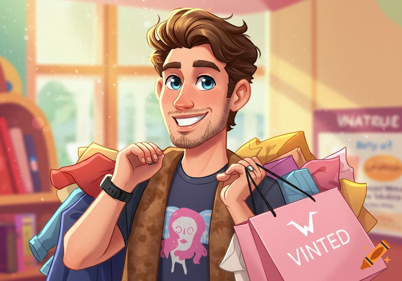 Smiling cartoon man carrying shopping bags filled with clothes in a stylized shop. on Craiyon