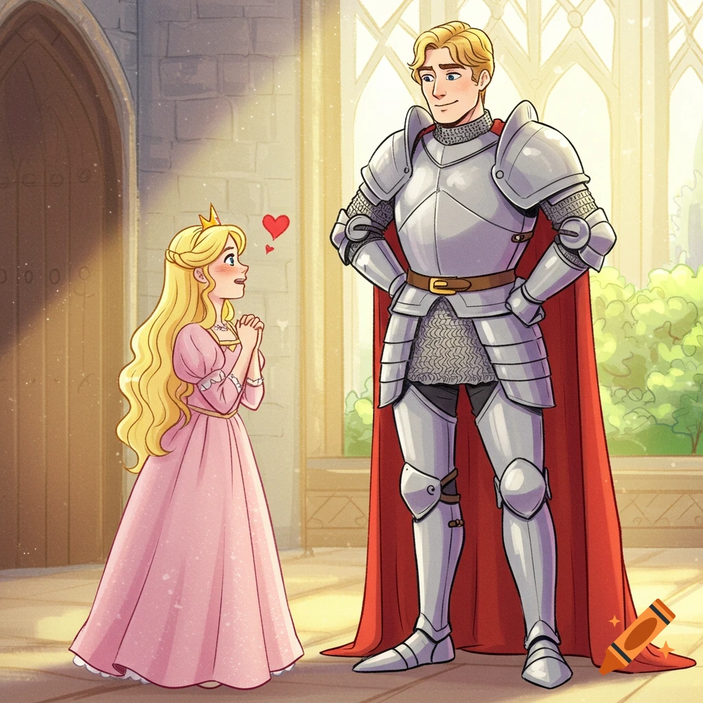 Cartoon illustration of a princess looking up at a knight in shining ...