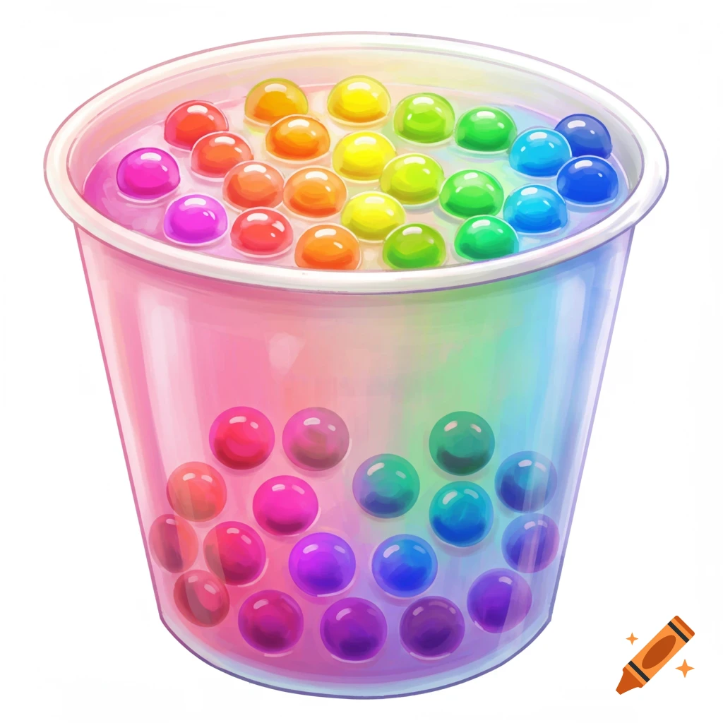 Illustration of a cup of boba tea with rainbow colored balls on Craiyon