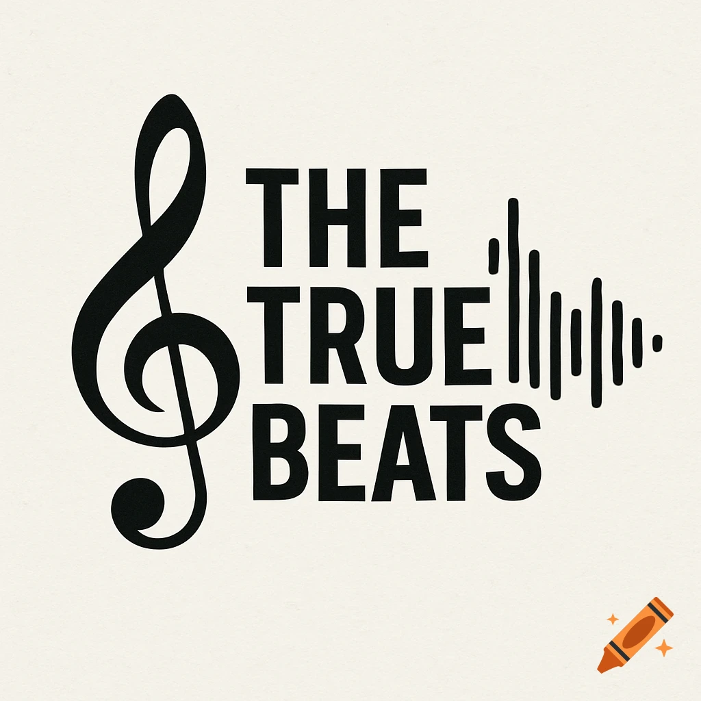 Logo with a treble clef, text 'THE TRUE BEATS', and sound waves. on Craiyon