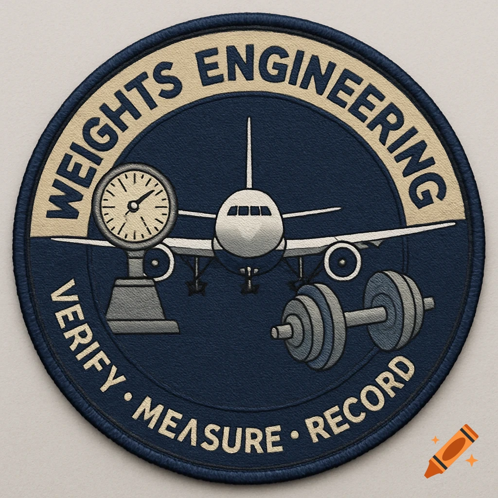 Embroidered patch logo for Weights Engineering with an airplane, gauge, dumbbell, and text on ...