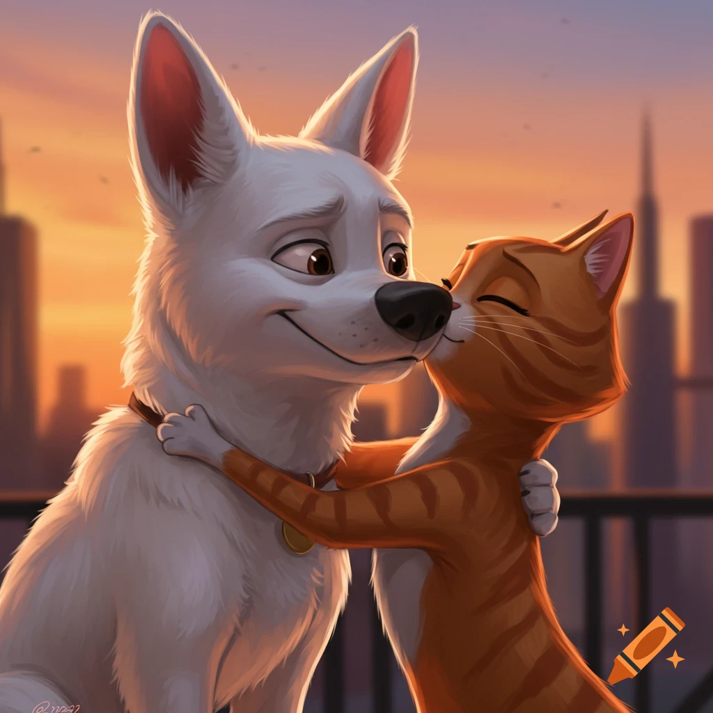 Animated dog Bolt and cat Mittens hugging and kissing at sunset over a ...