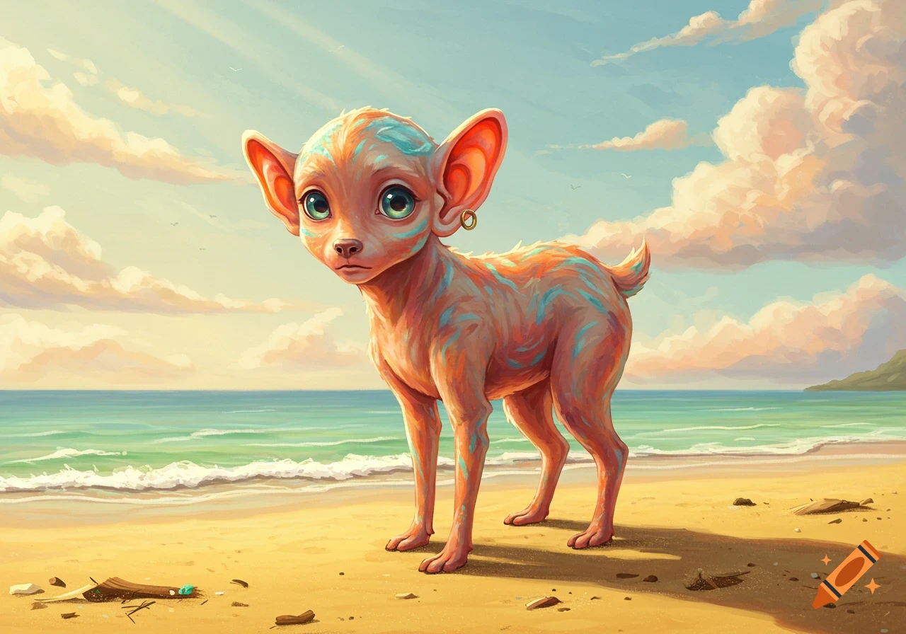 A strange creature with large ears and spotted fur stands on a sandy ...