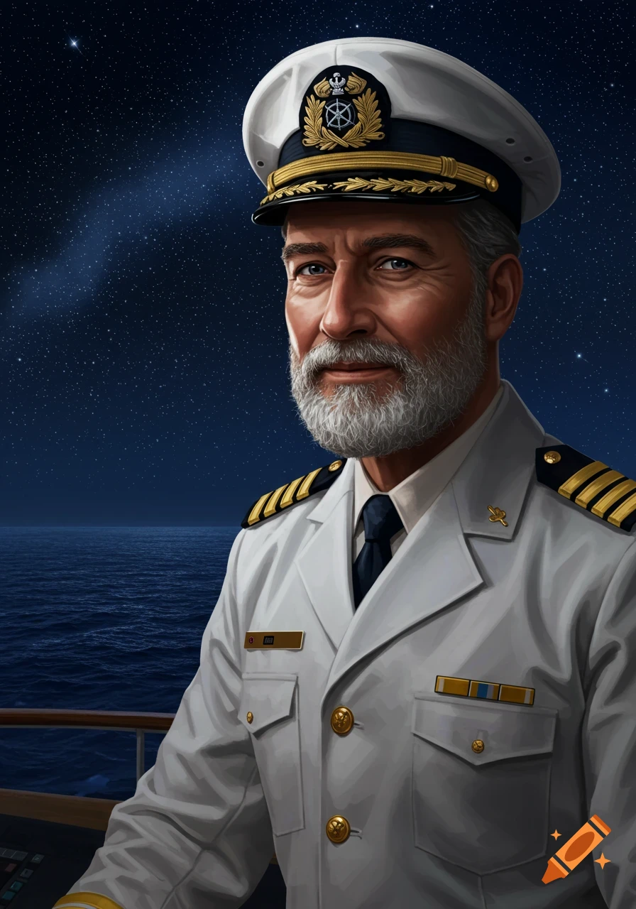 Portrait of a cruise ship captain in uniform standing on a deck under a ...