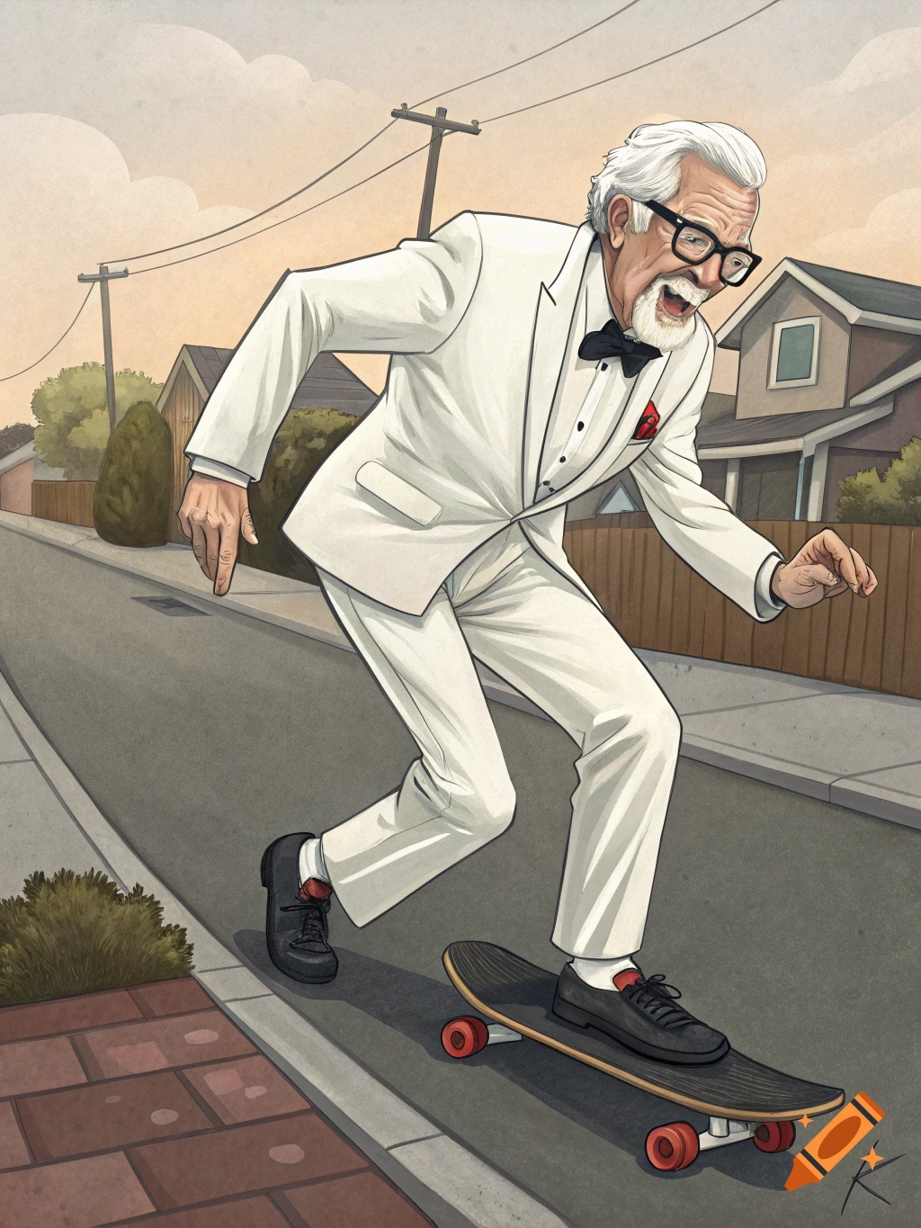 An illustration of a man resembling Colonel Sanders in a white suit ...