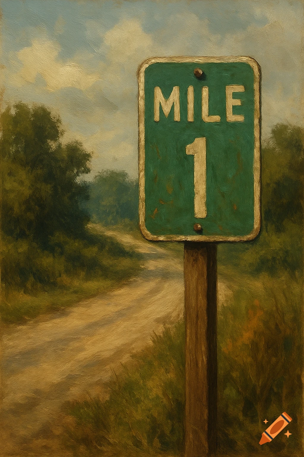 A green mile marker sign reads "MILE 1" on a dirt country road in a ...