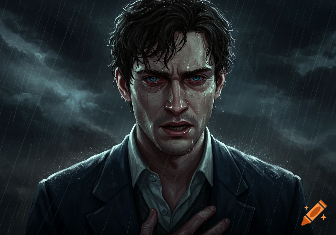 Digital painting of a distressed man in a suit standing in heavy rain ...