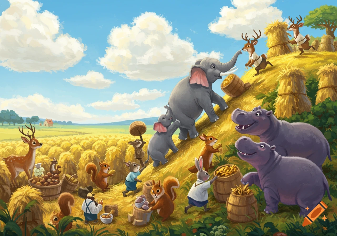 Illustrated scene of animals working together to carry harvest up a ...