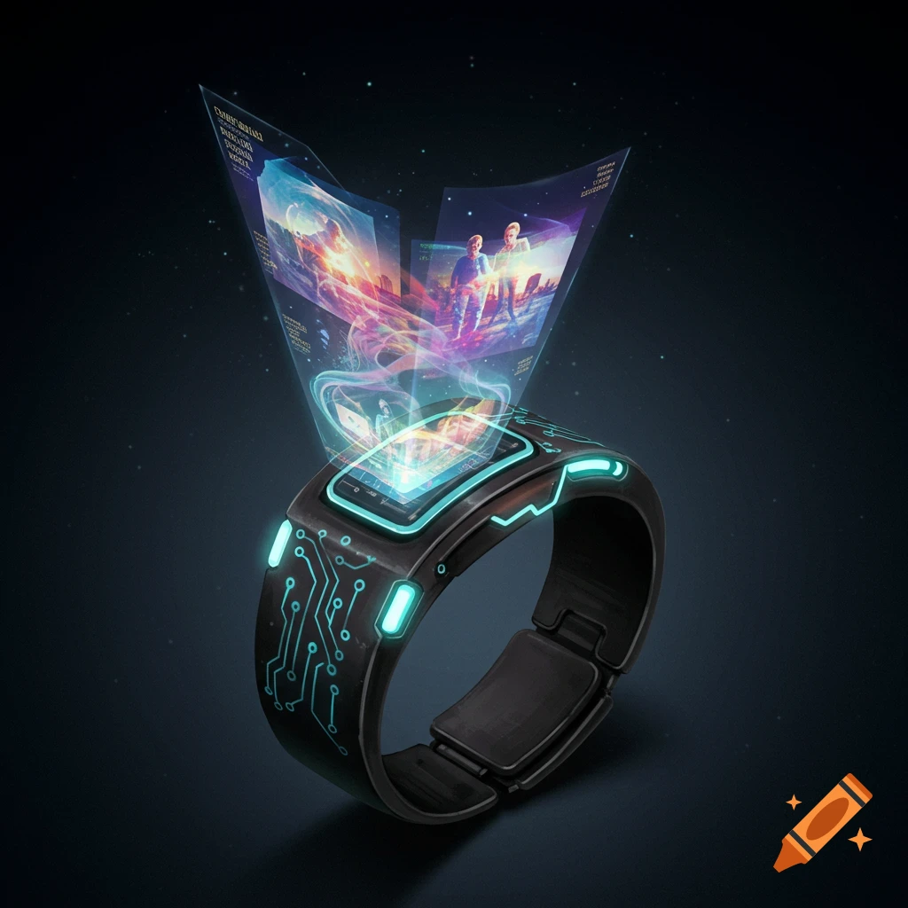 A futuristic wristband projects holographic images and data. on Craiyon