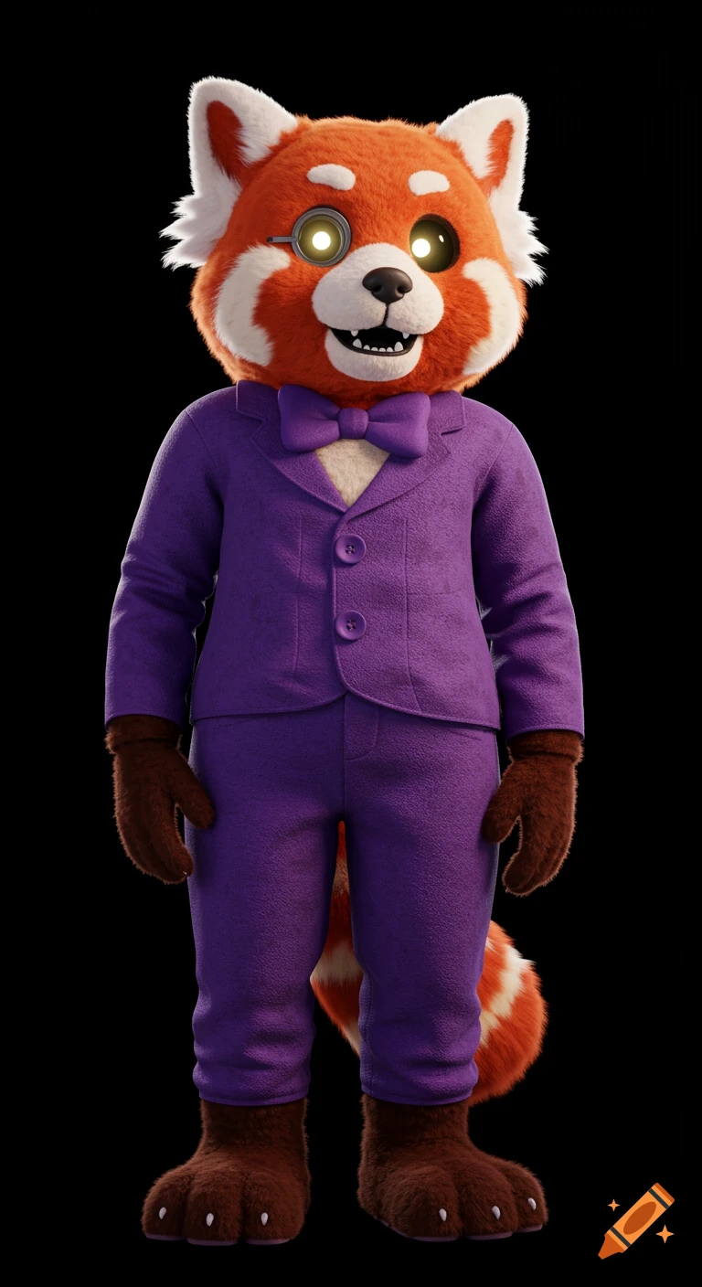 Red panda animatronic character in a purple suit and monocle standing ...
