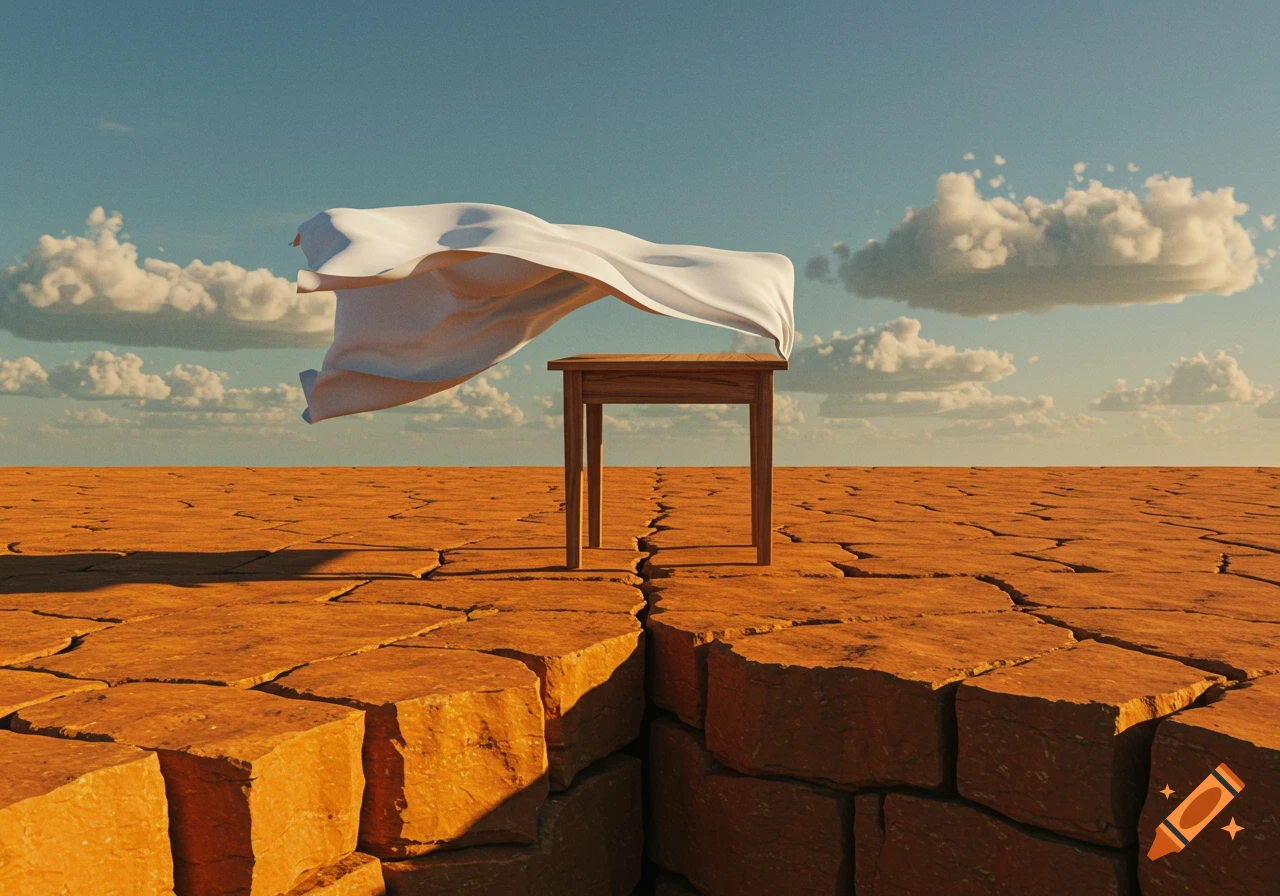 Surrealist painting of a table on cracked orange ground with a white ...