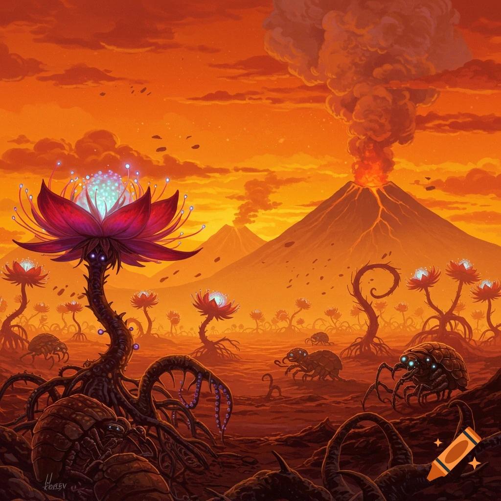 A sci-fi landscape painting of a volcanic planet with glowing alien ...