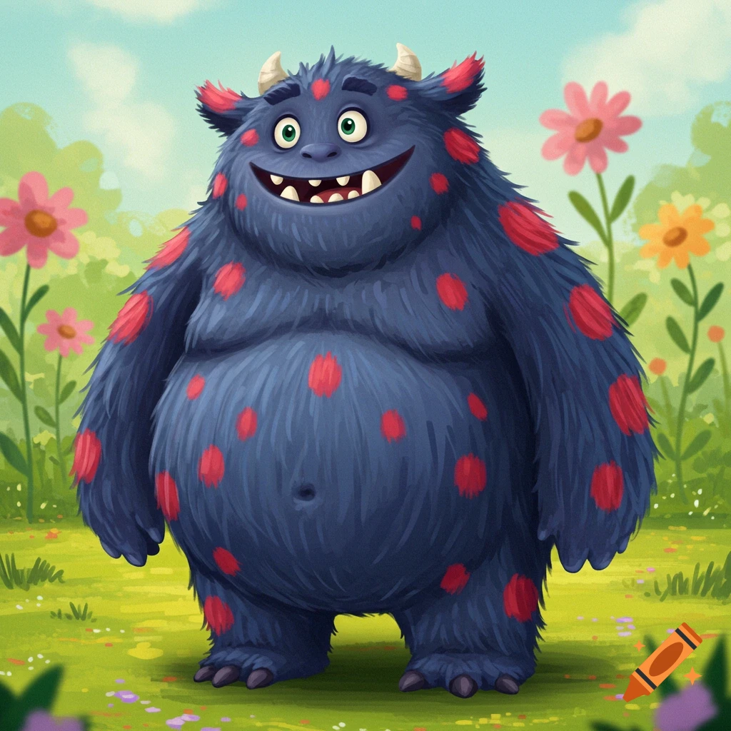 A furry navy blue monster with red spots stands smiling in a field of ...