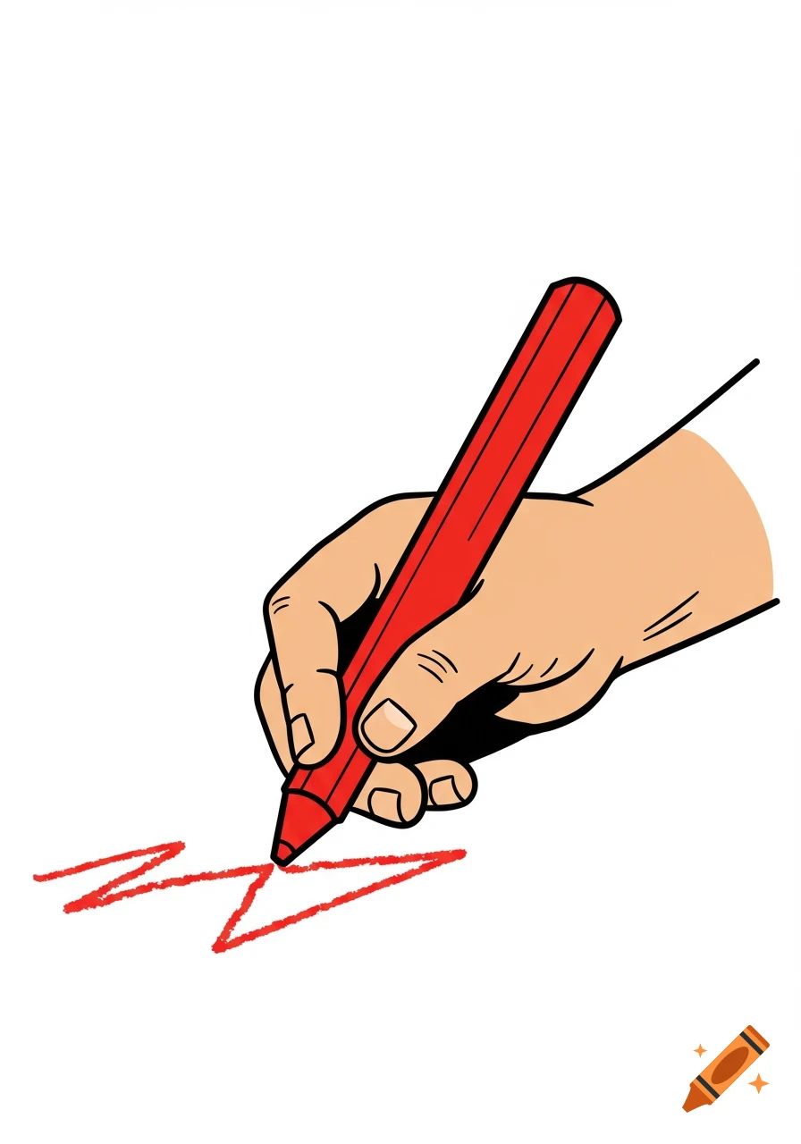 A hand holding a red crayon draws red zig-zag lines in a simple line drawing style. on Craiyon