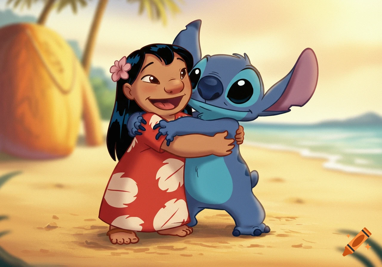 Lilo and Stitch hug on a beach in a cartoon style. on Craiyon