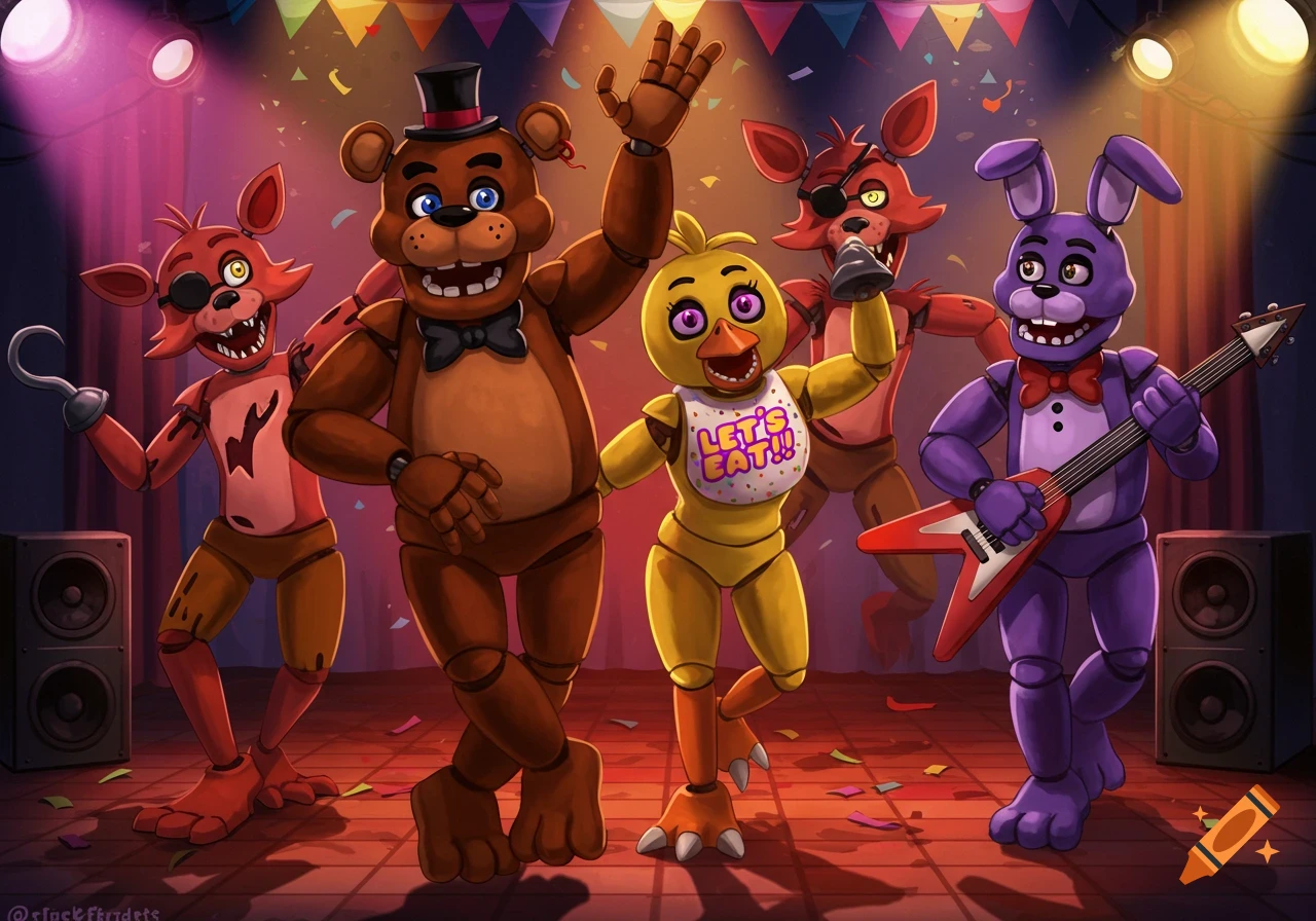 Five Nights at Freddy's characters Freddy, Chica, Foxy, and Bonnie dancing on a stage. on Craiyon