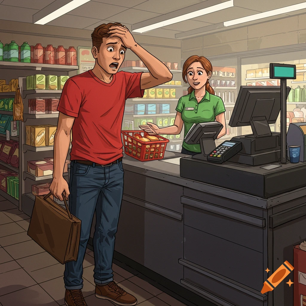 Illustration of a man realizing he forgot his wallet at a store ...