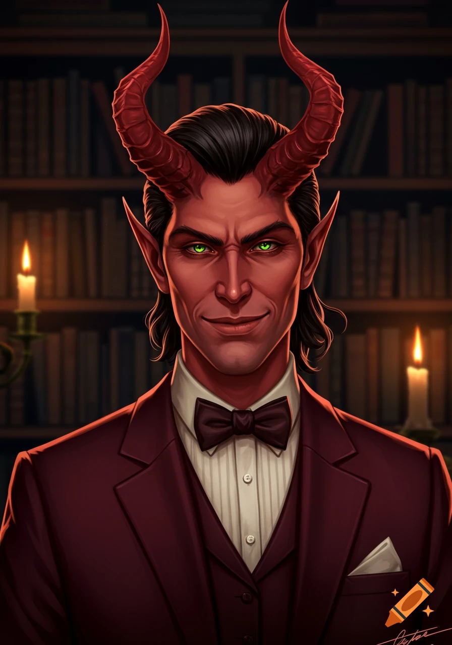 A dapper devil in a suit and bowtie with glowing green eyes stands in a library. on Craiyon