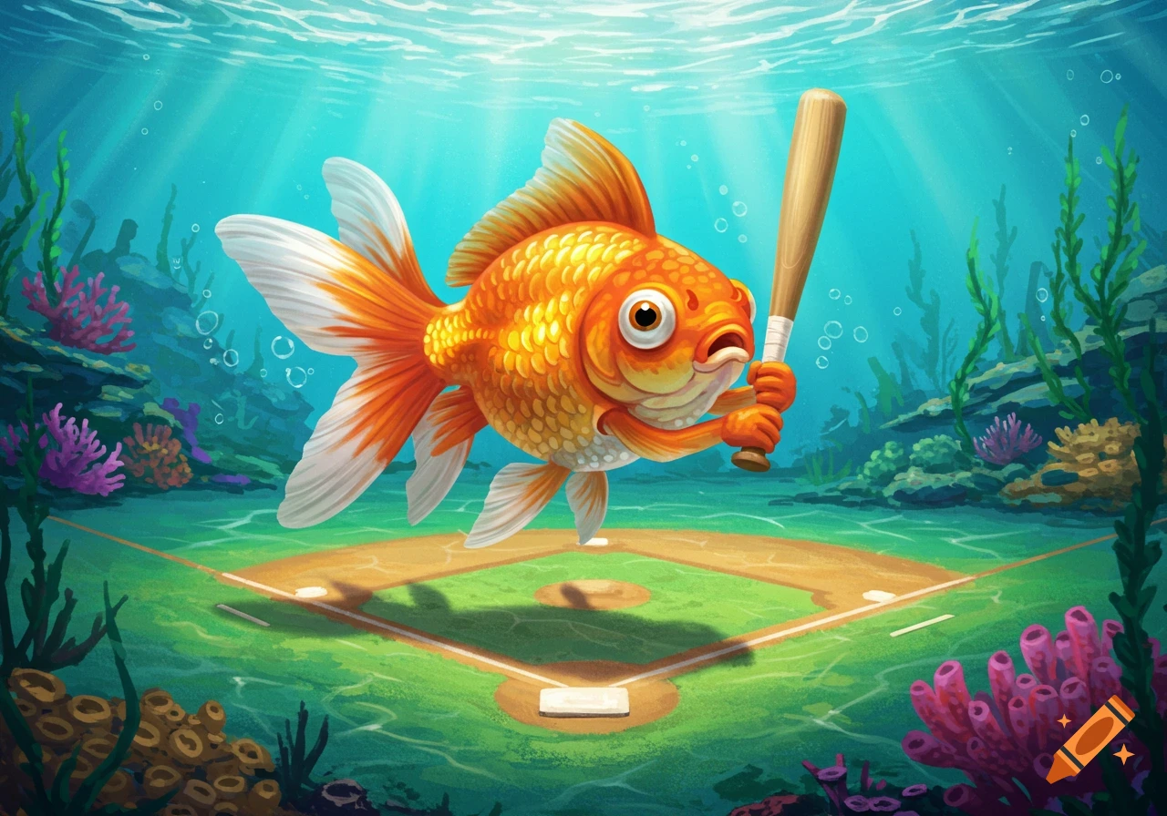A cartoon goldfish holds a baseball bat on an underwater baseball field ...